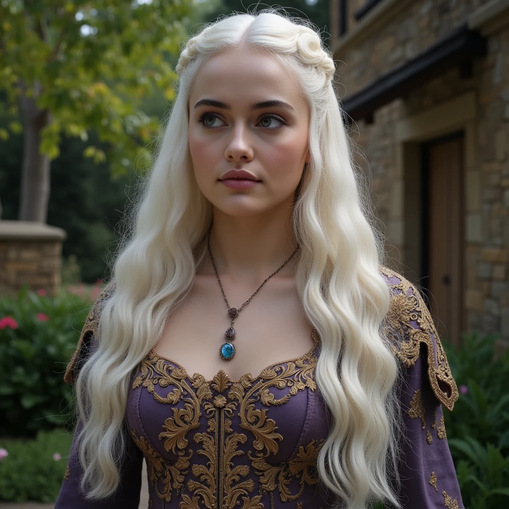 Targaryen woman with long wavy white/silver targaryen hair, a medieval ...