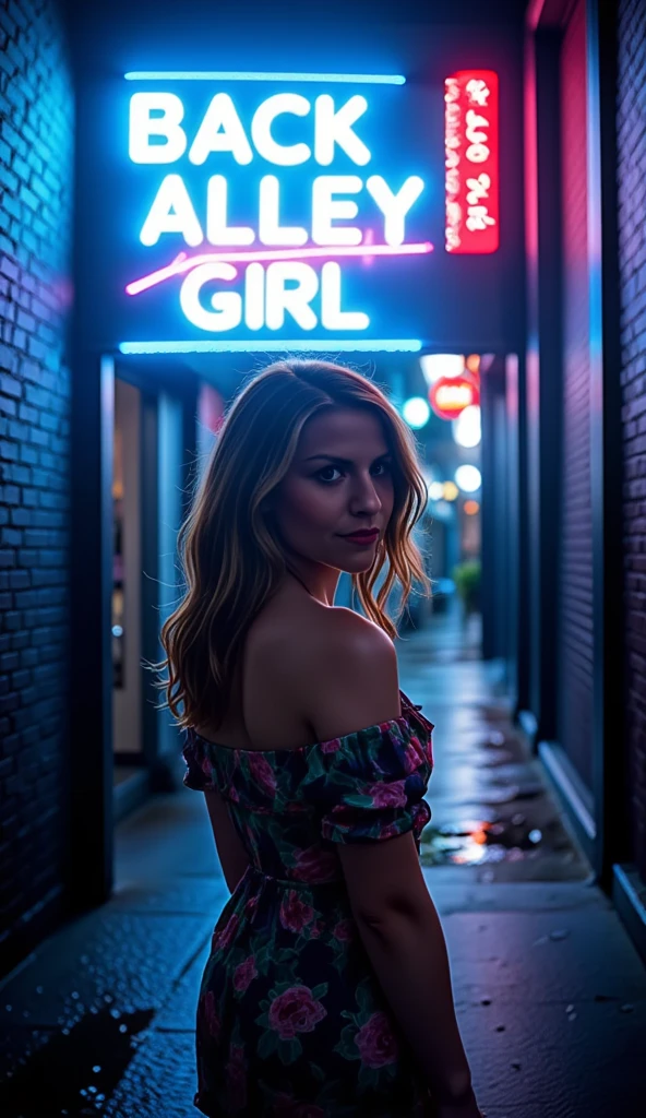 A girl looking back at the camera, she is in front of a vibrant neon ...