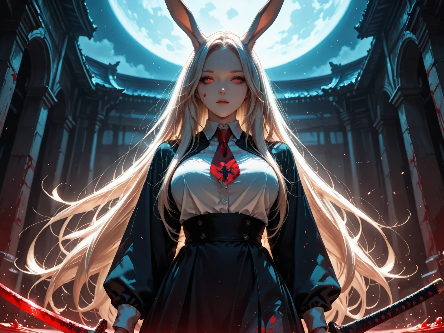 Rabbit girl in blood, woman holding a sword - SeaArt AI