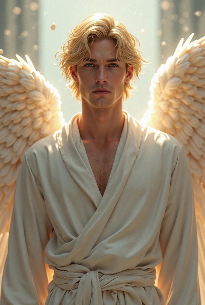 . Create a handsome male angel, loiro, alto, roupas brancas, beautiful ...