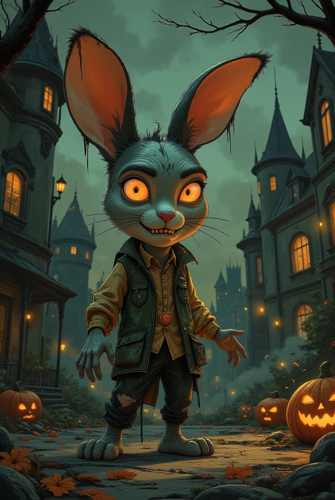 A tiptoeing, sly, slightly cartoon rabbit is a villain in the style of ...