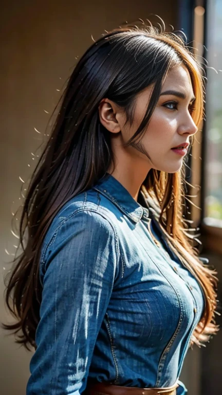 An image of a woman in a side profile with a confident pose. She has ...