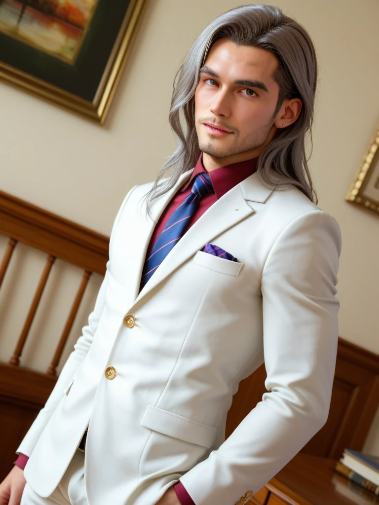 Long hair、gray hair、Slitted eyes、Fair skin、sharp face、(( beautiful man ...