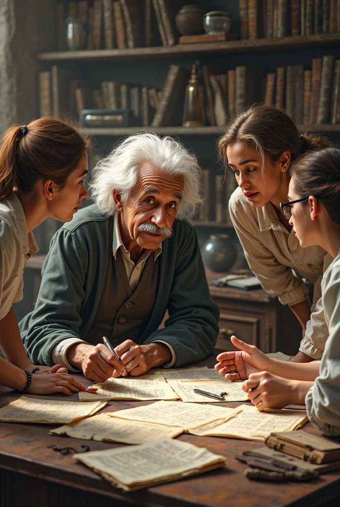 Albert Einstein doing research with three girls. - SeaArt AI