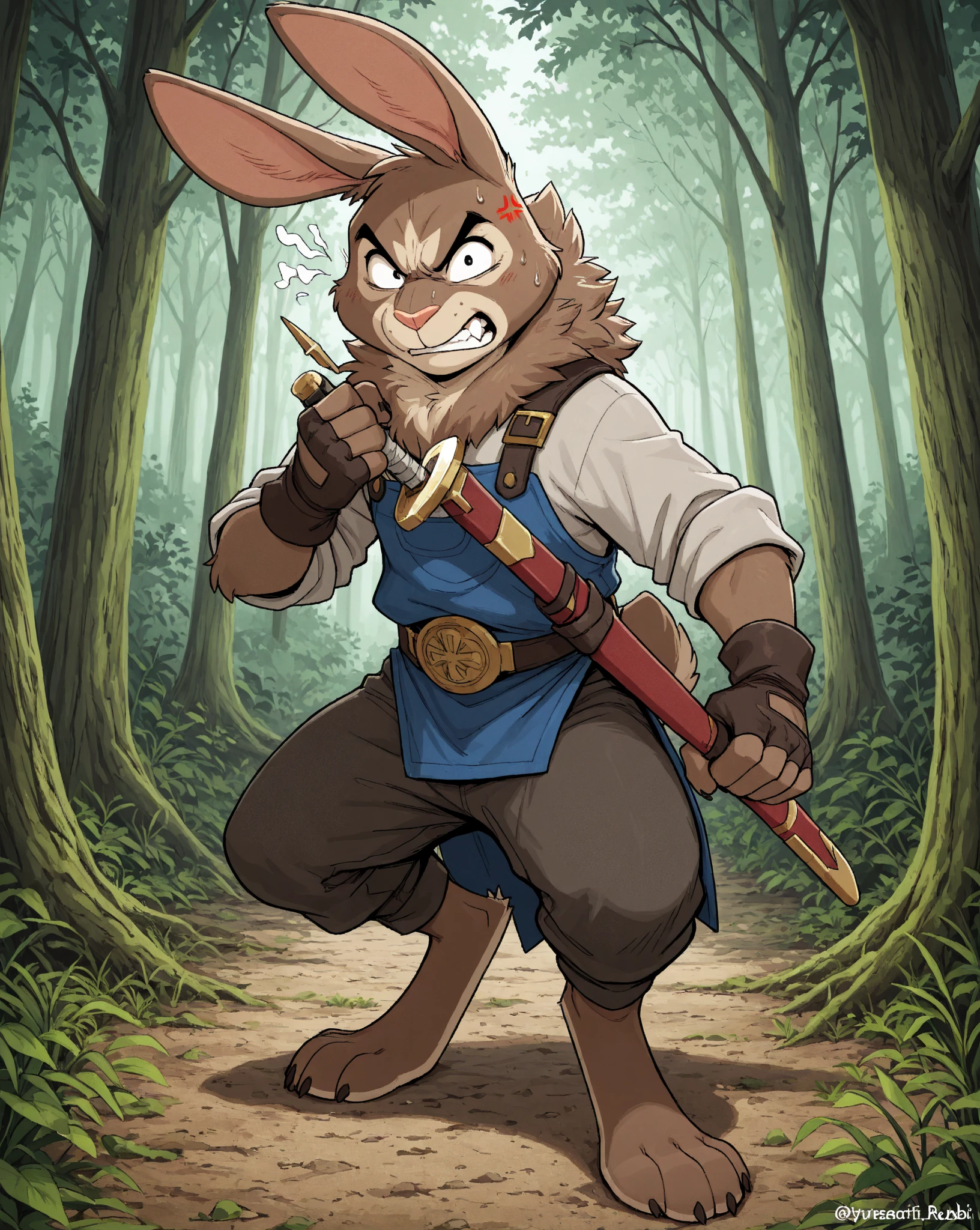 Very angry rabbit girl (furry) cross breed walks through the forest ...