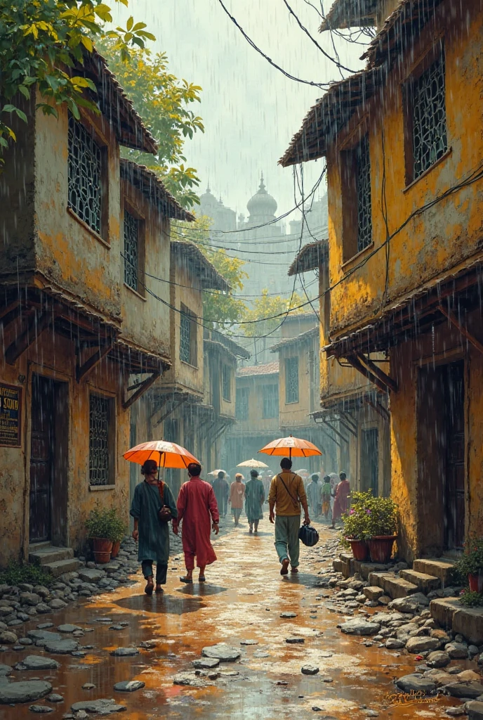 Make a detailed illustration of 90s pakistani street in rain - SeaArt AI