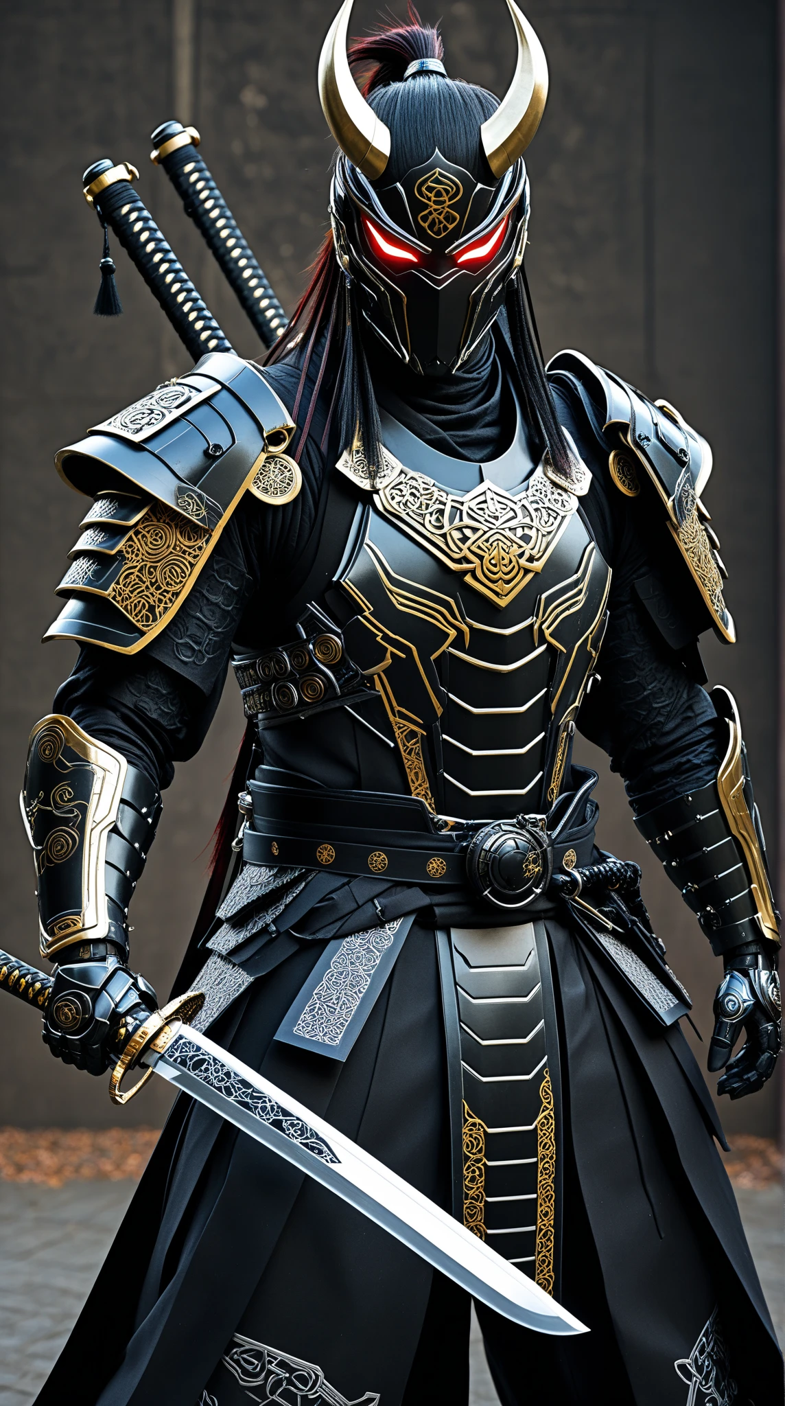 Araffe dressed in a black suit holding a sword and a sword, cyborg ...