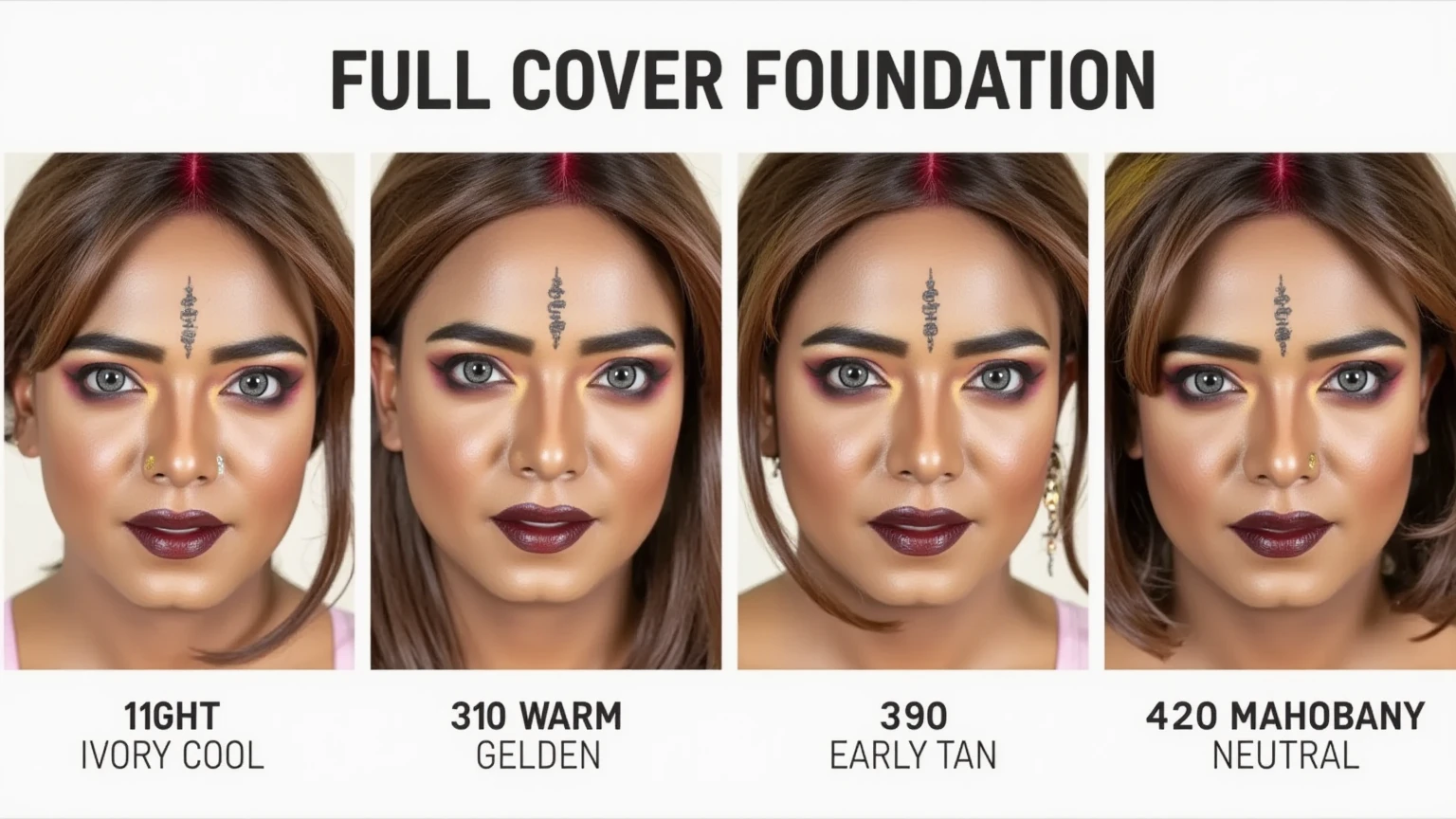 A horizontal arrangement of four female faces, side by side, showing ...