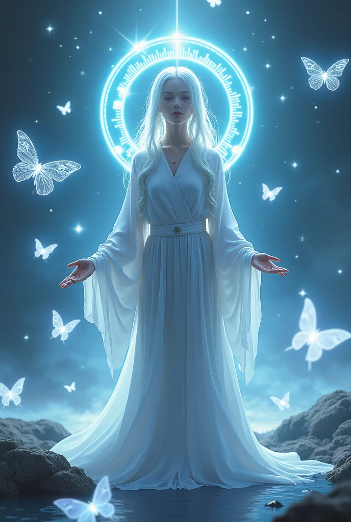 Futuristic shrine maiden with digital halo, surrounded by glitching ...