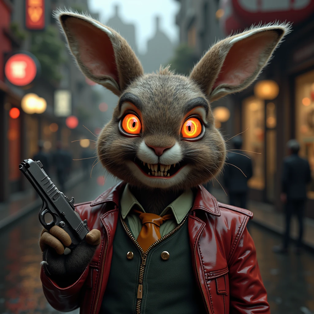 Animal, rabbit, evil rabbit showing his evil eyes, with pistol in his hand killi - SeaArt AI