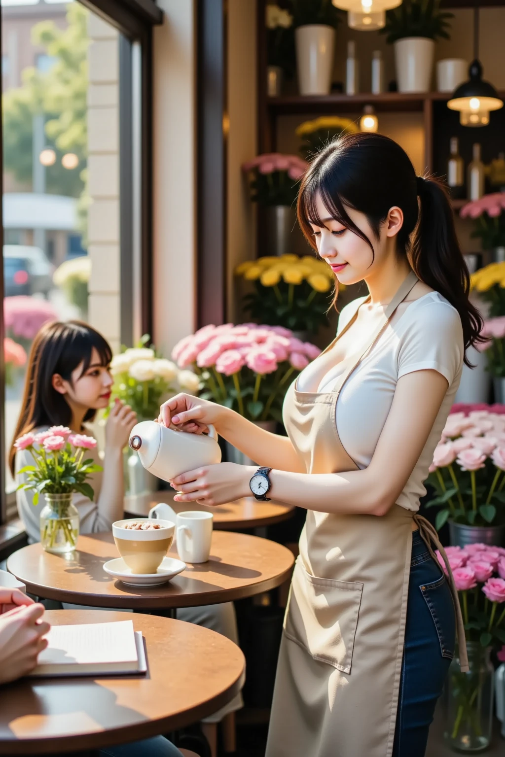 A beautiful female barista in a retro, cozy café. She is making a café ...
