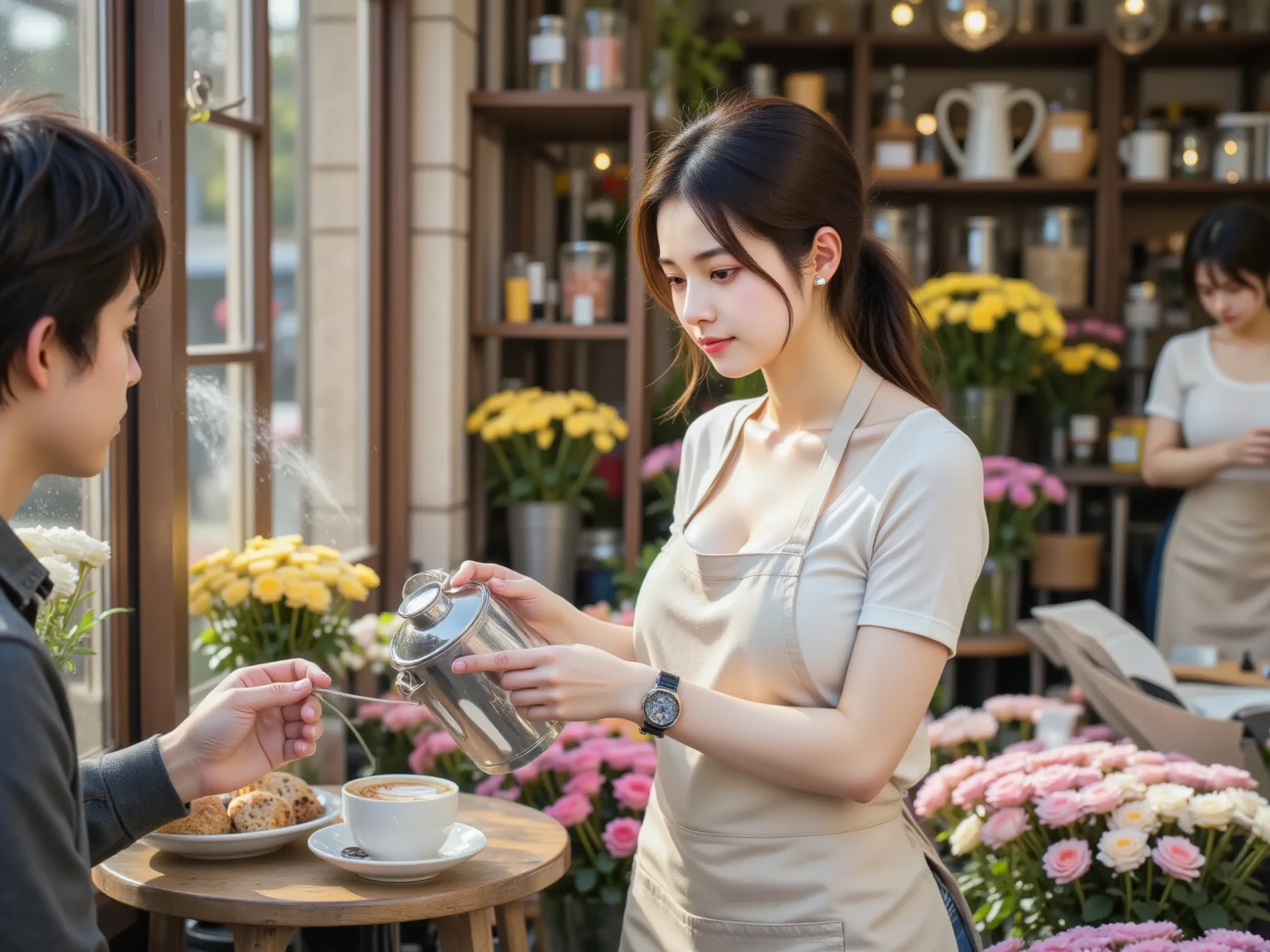 A beautiful female barista in a retro, cozy café. She is making a café ...