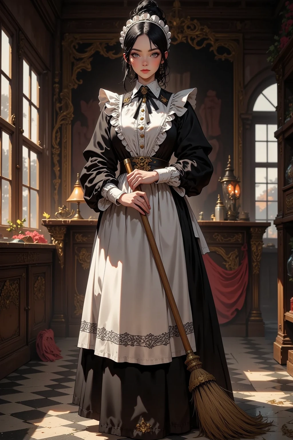 A diligent British maid standing upright while holding a wooden broom ...