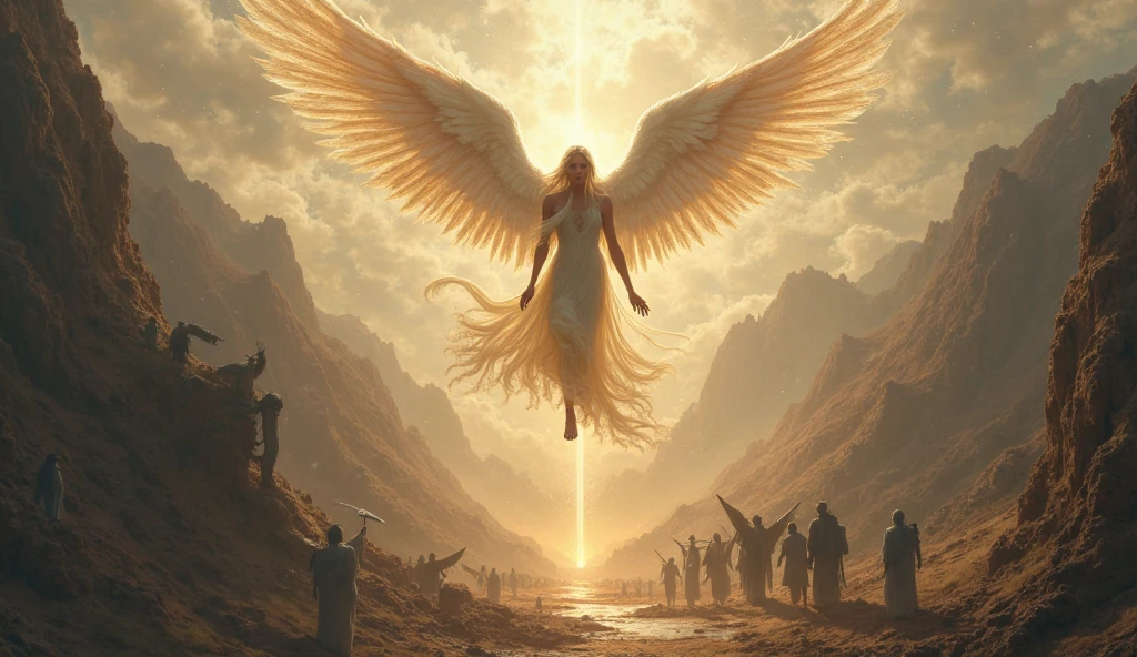 An angel descends over an ancient world. Below, tall shadows of fallen ...