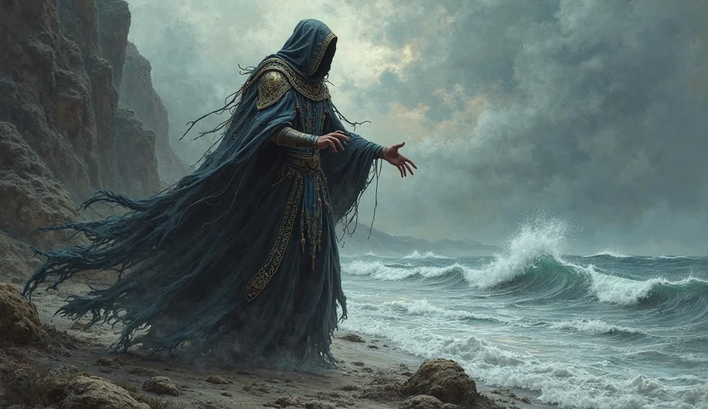 Dramatic artistic representation of a priest or shaman performing a ...