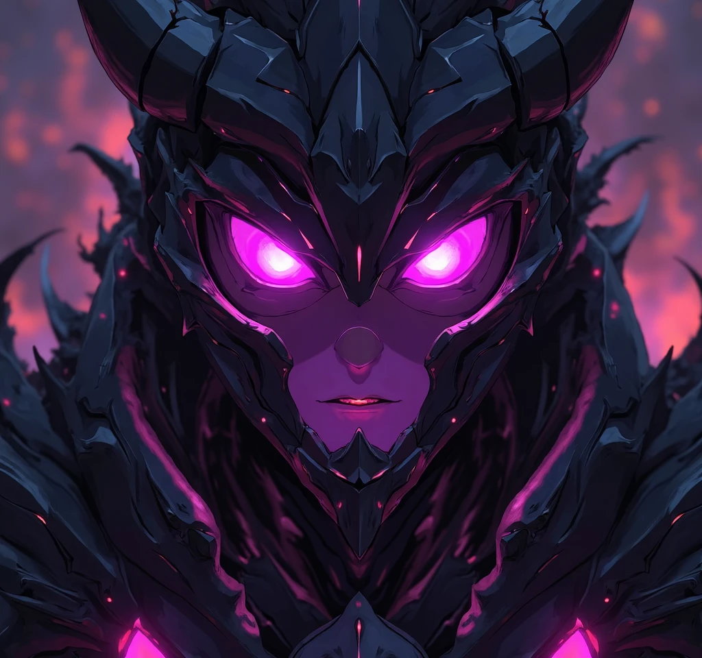 A close up of an anime, colored fire black reflected in the armor ...