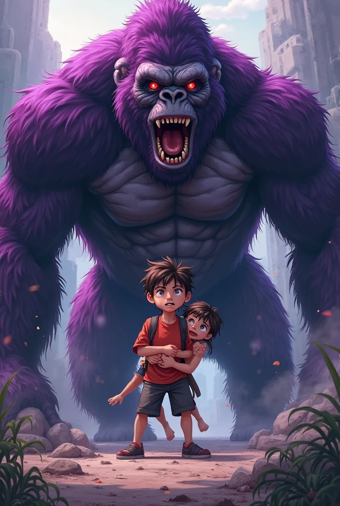 A ager with his little brother is scared of big purple gorilla in front ...