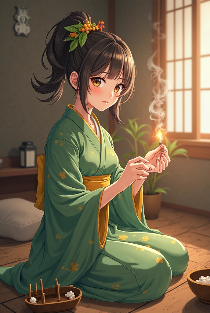 An anime-style healing female character with moxibustion therapy as a ...