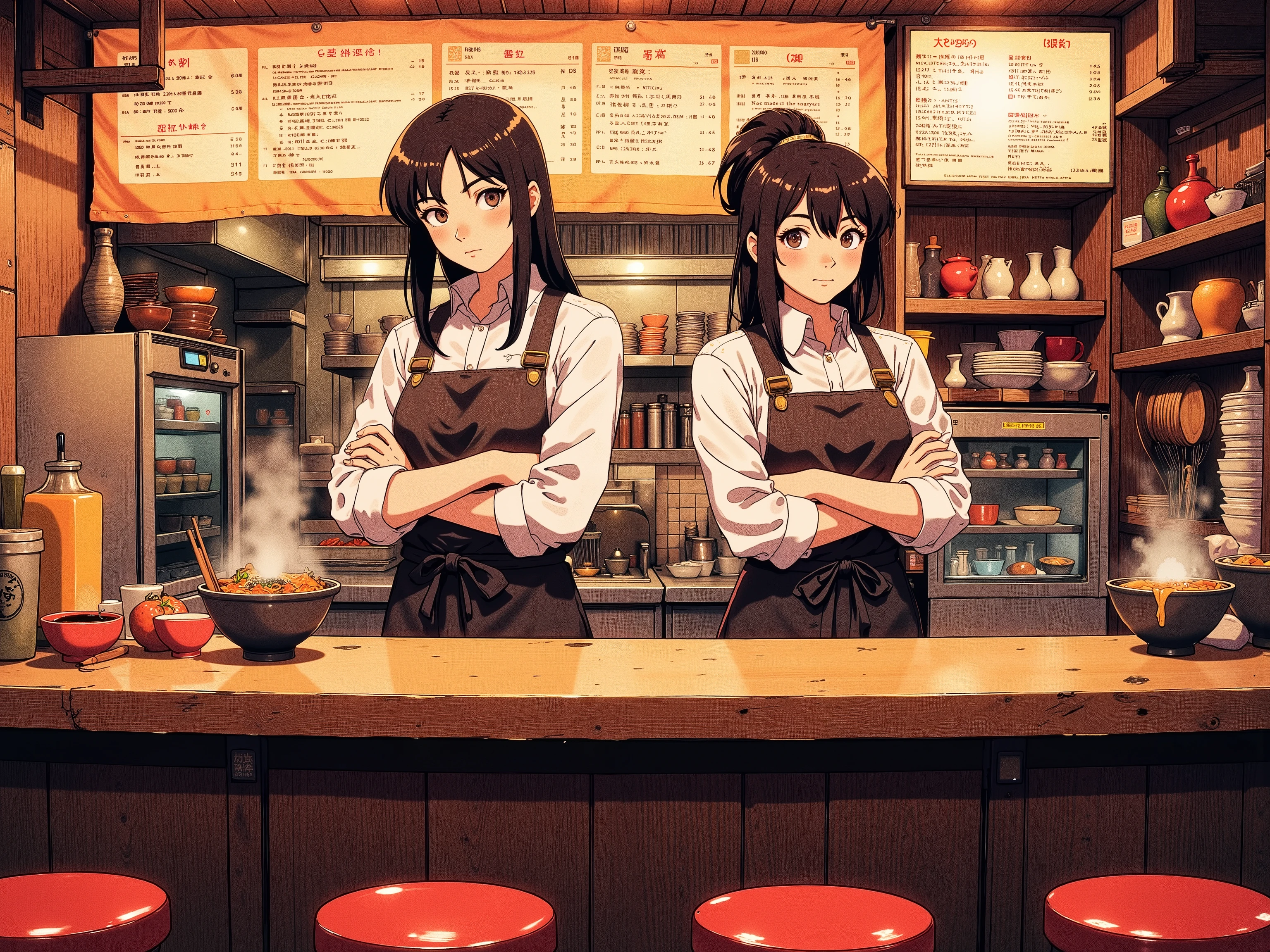 Inside a small ramen shop with only a wooden counter and red stools ...