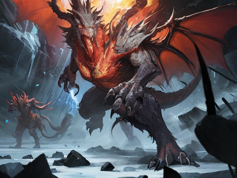 > "A massive, non-humanoid dragon-like creature mid-attack, with a ...