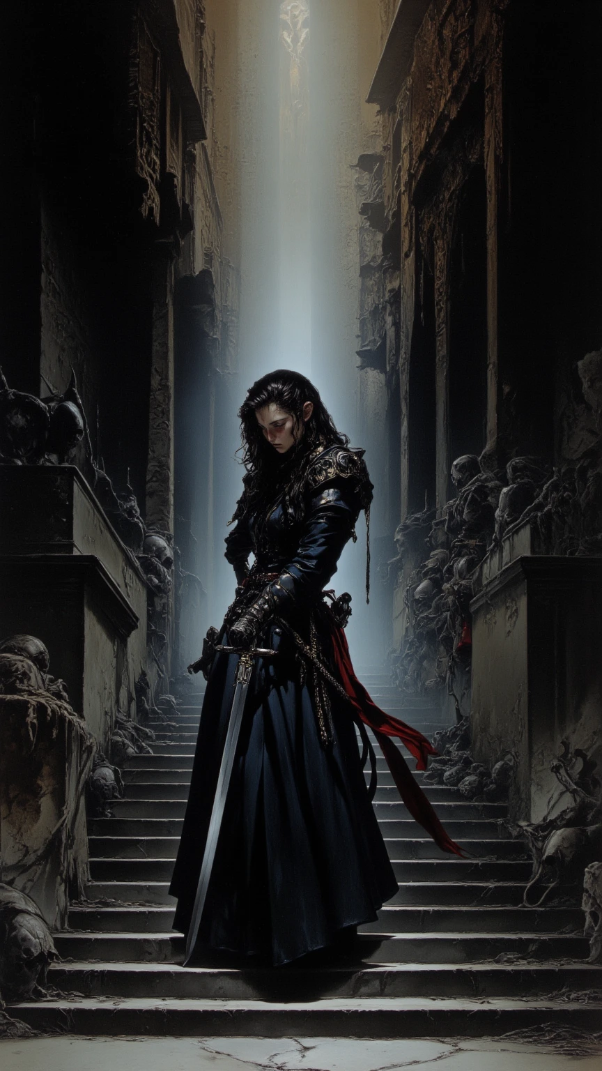 girl,downstairs，skirt, brunette,,sword, combat posture - SeaArt AI