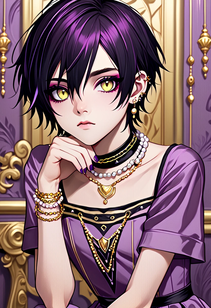 Androgynous pretty emo boy, kitty cut black hair with highlights lilac ...