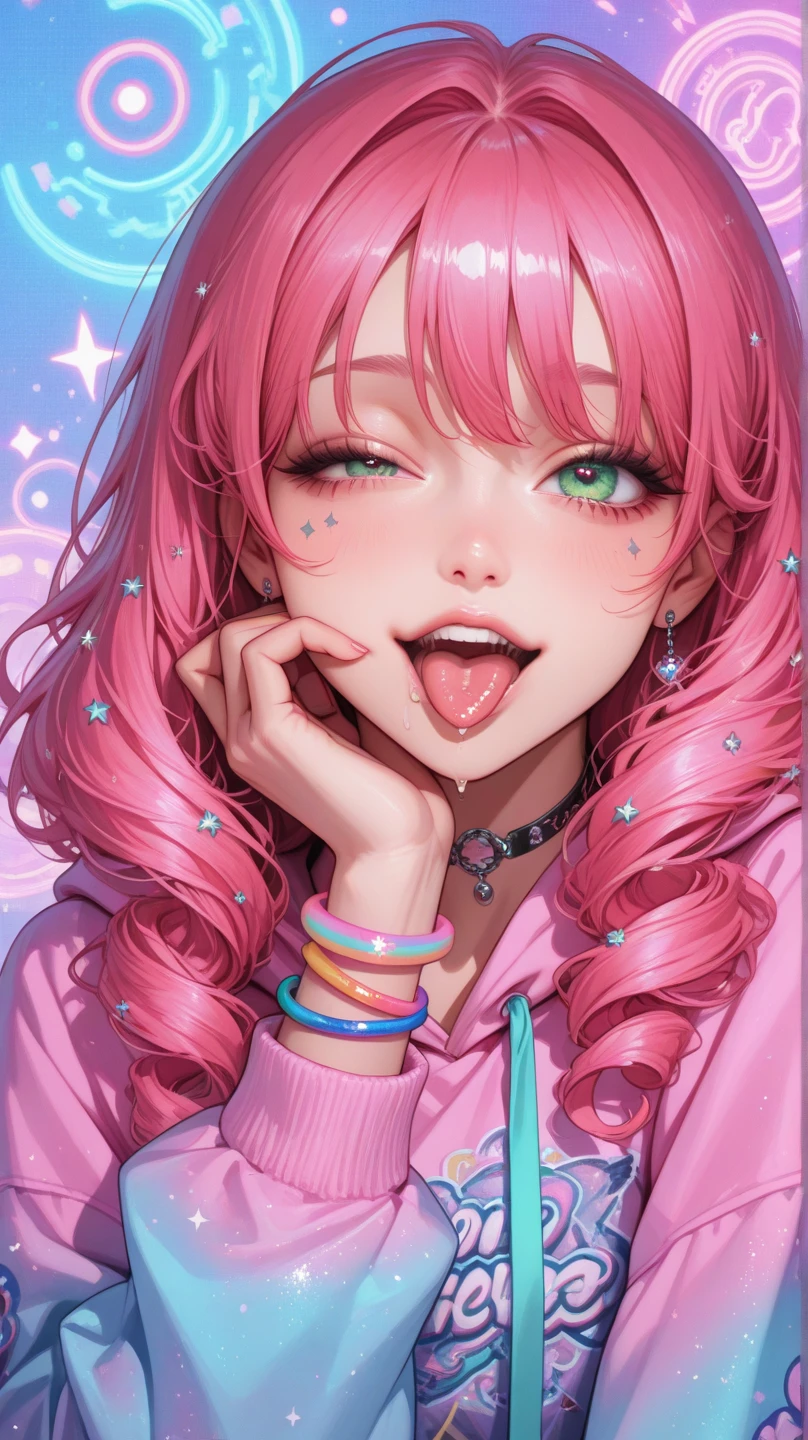 Today's Theme is "Charming Villain" bright neon green eyes, hot pink shoulder - SeaArt AI