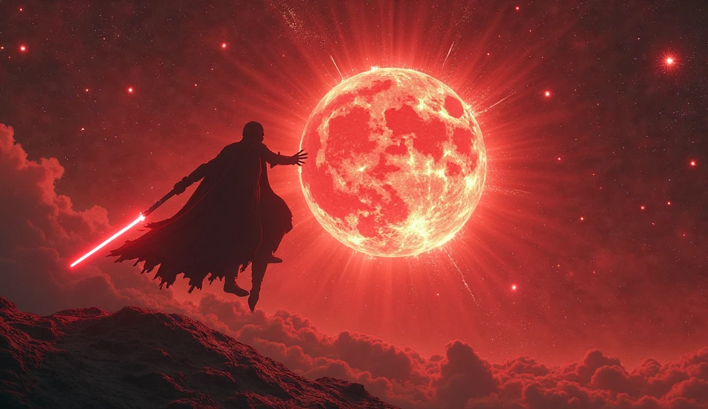 A shadow of a warrior holding a red glow light saber, jumping in the ...