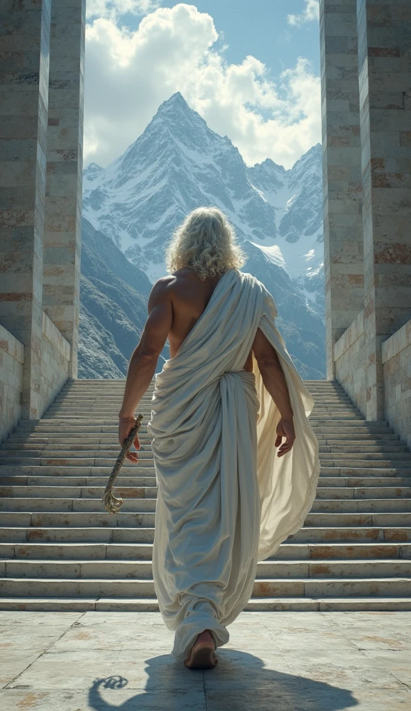 Full-body, front-facing portrait of Zeus walking down an ancient stone ...