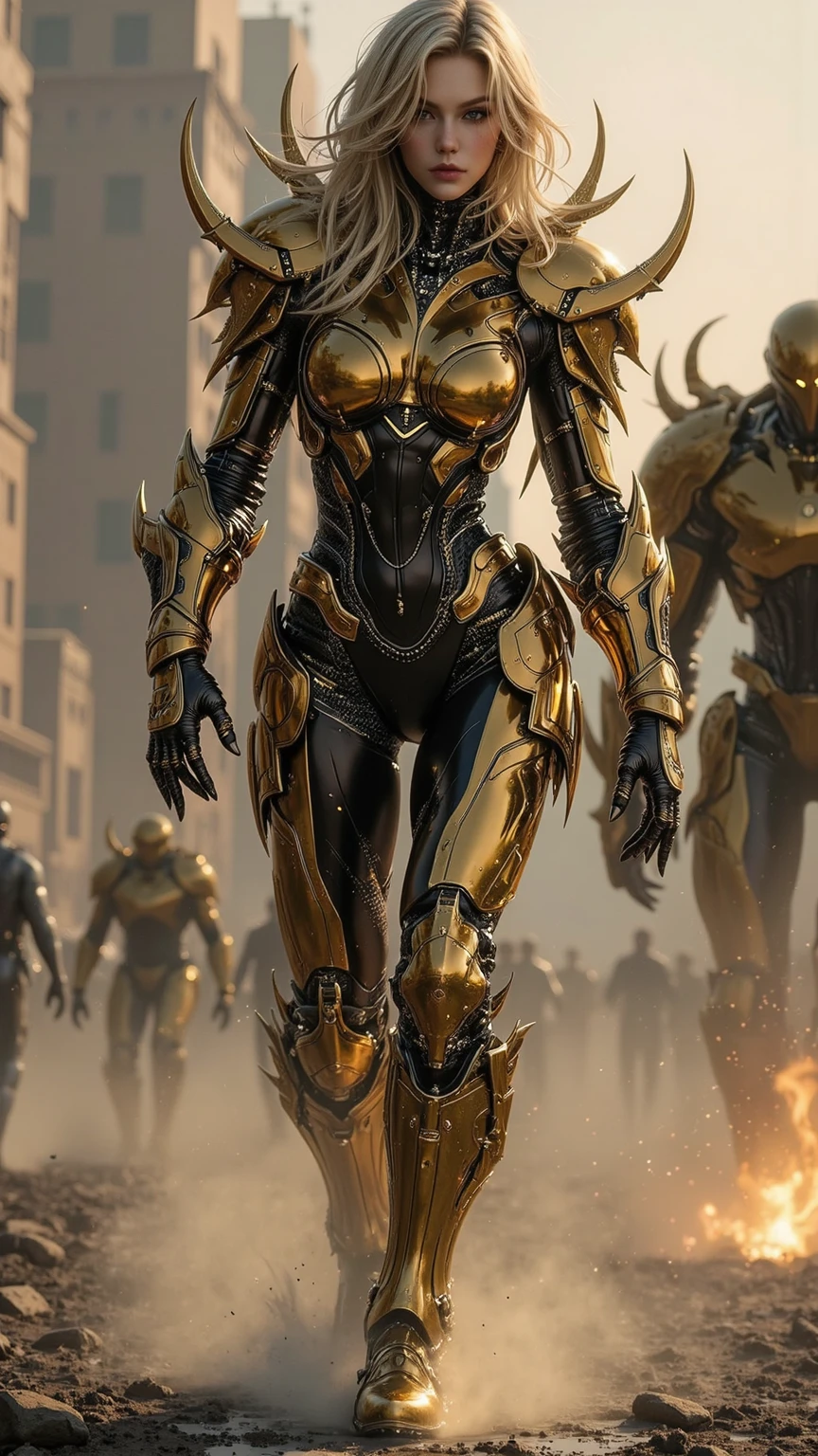 Tall blonde woman,Gold black power armor,Sharp serrated coating - SeaArt AI