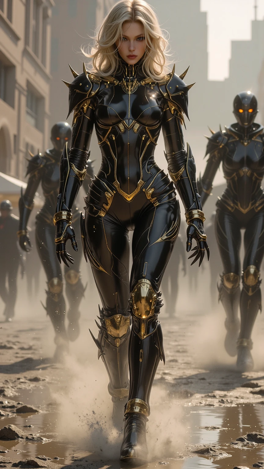 Tall blonde woman,Gold black power armor,Sharp serrated coating - SeaArt AI