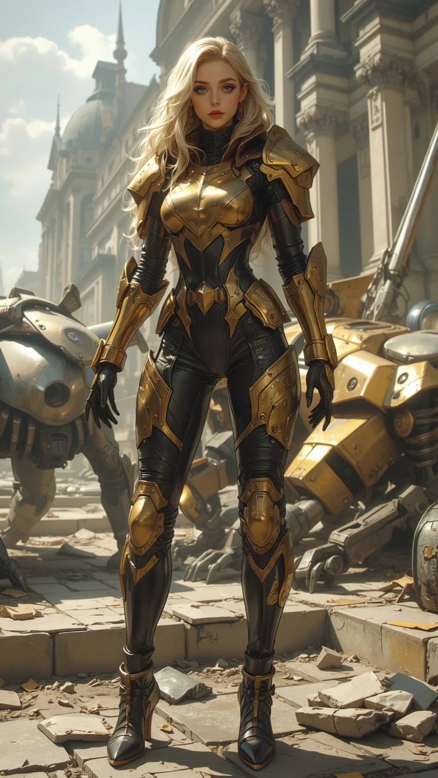 Tall blonde woman,Gold black power armor,Sharp serrated coating - SeaArt AI