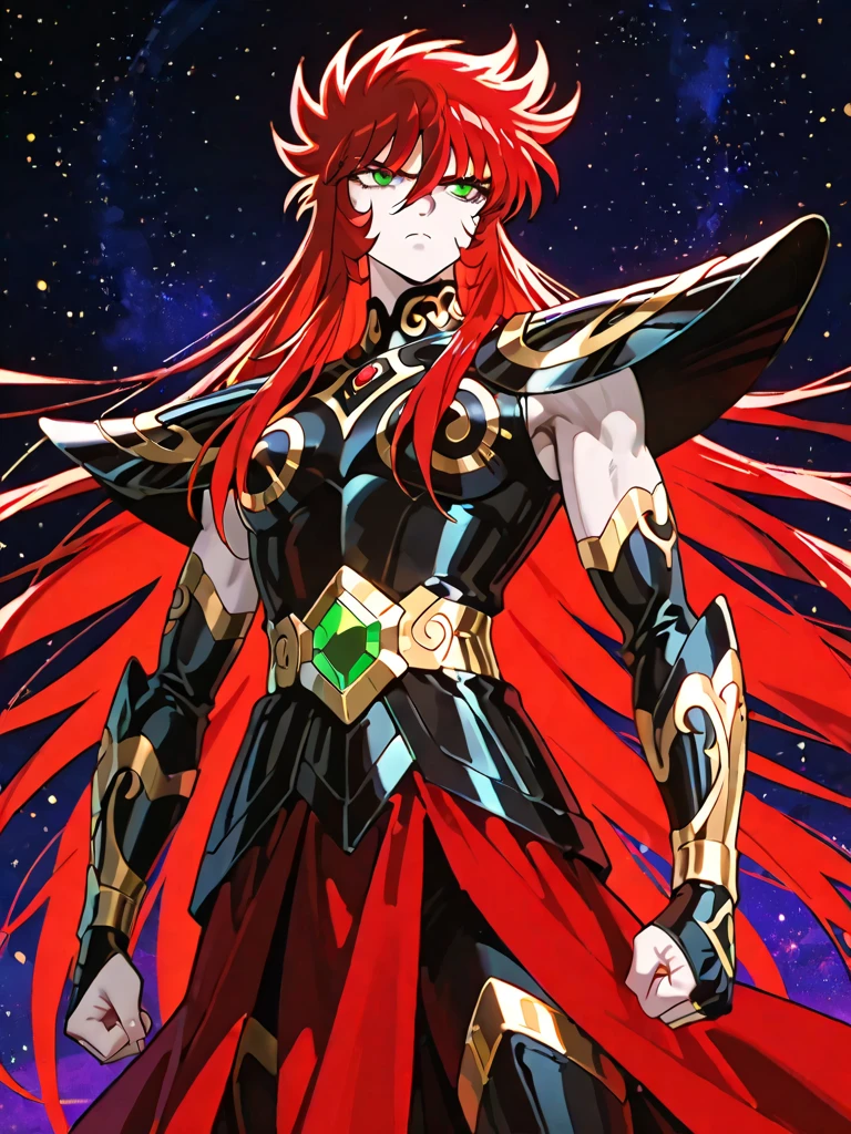 Anime-style demigod warrior Saint Seiya universe. Wears a custom black ...