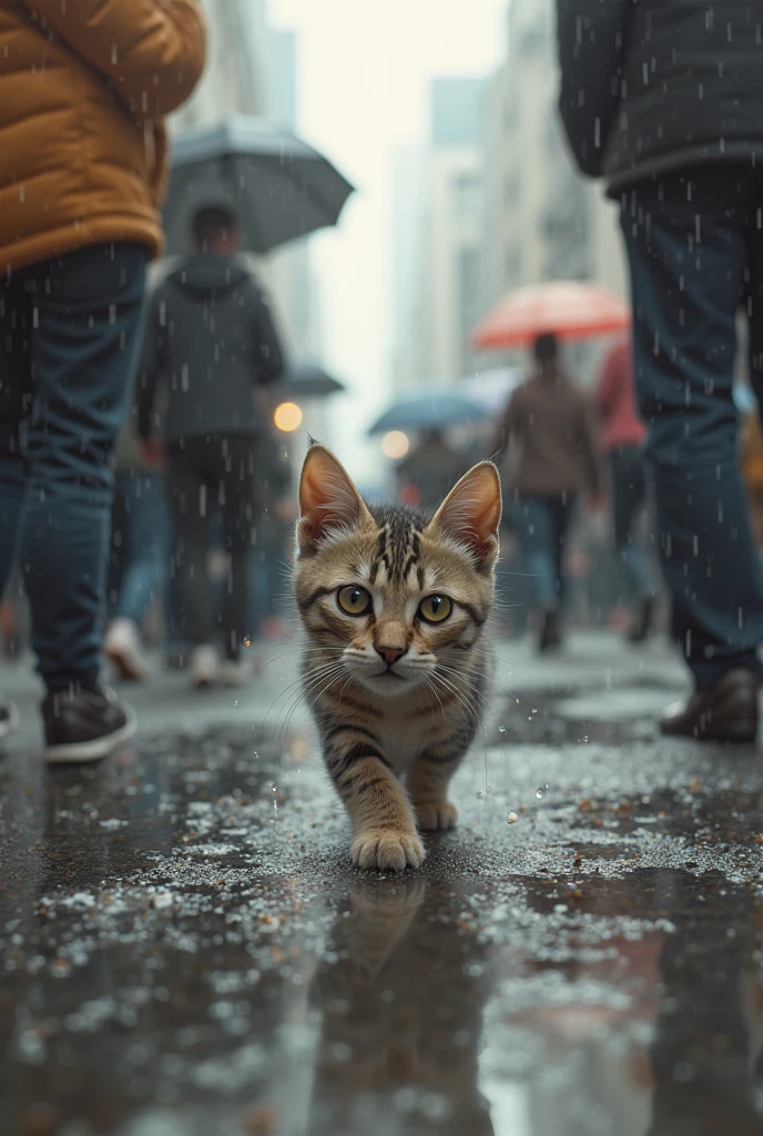 A small cat walking on road between people In two lega and rain - SeaArt AI