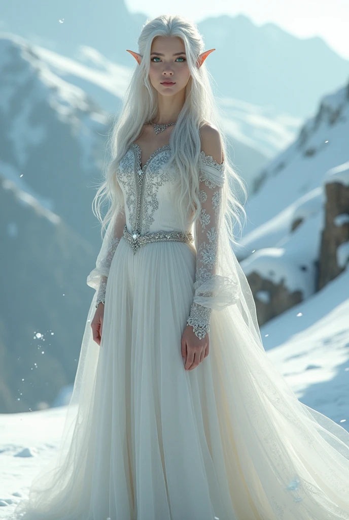 Elven princess in a beautiful white dress, snowy terrain - SeaArt AI
