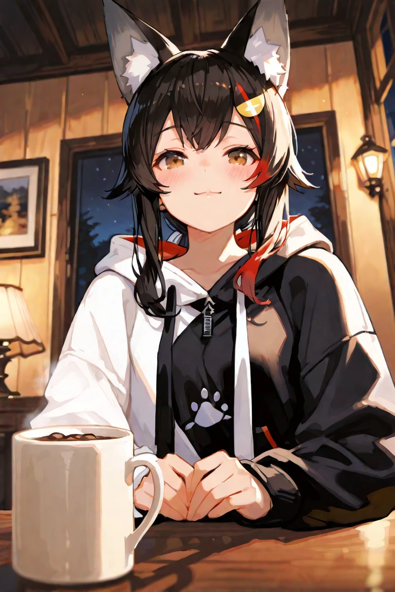 MioIL, miohood, long hair, hair ornament, two-tone hoodie, black and ...