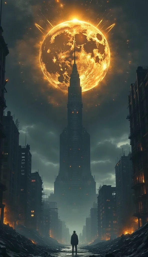 Megapolises in the background, giant golden moon, meteor shower - SeaArt AI