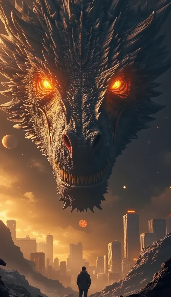 Megapolises in the background, giant golden moon, meteor shower - SeaArt AI