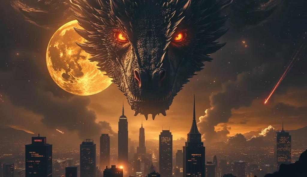 Megapolises in the background, giant golden moon, meteor shower - SeaArt AI