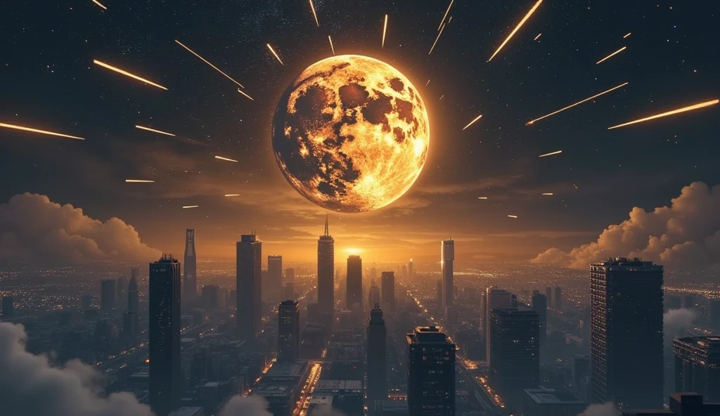 Megapolises in the background, giant golden moon, meteor shower - SeaArt AI