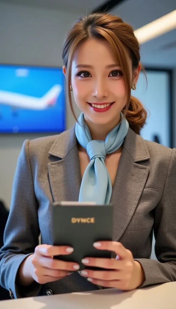 「The cabin attendant in a chic gray uniform、where passengers are ...