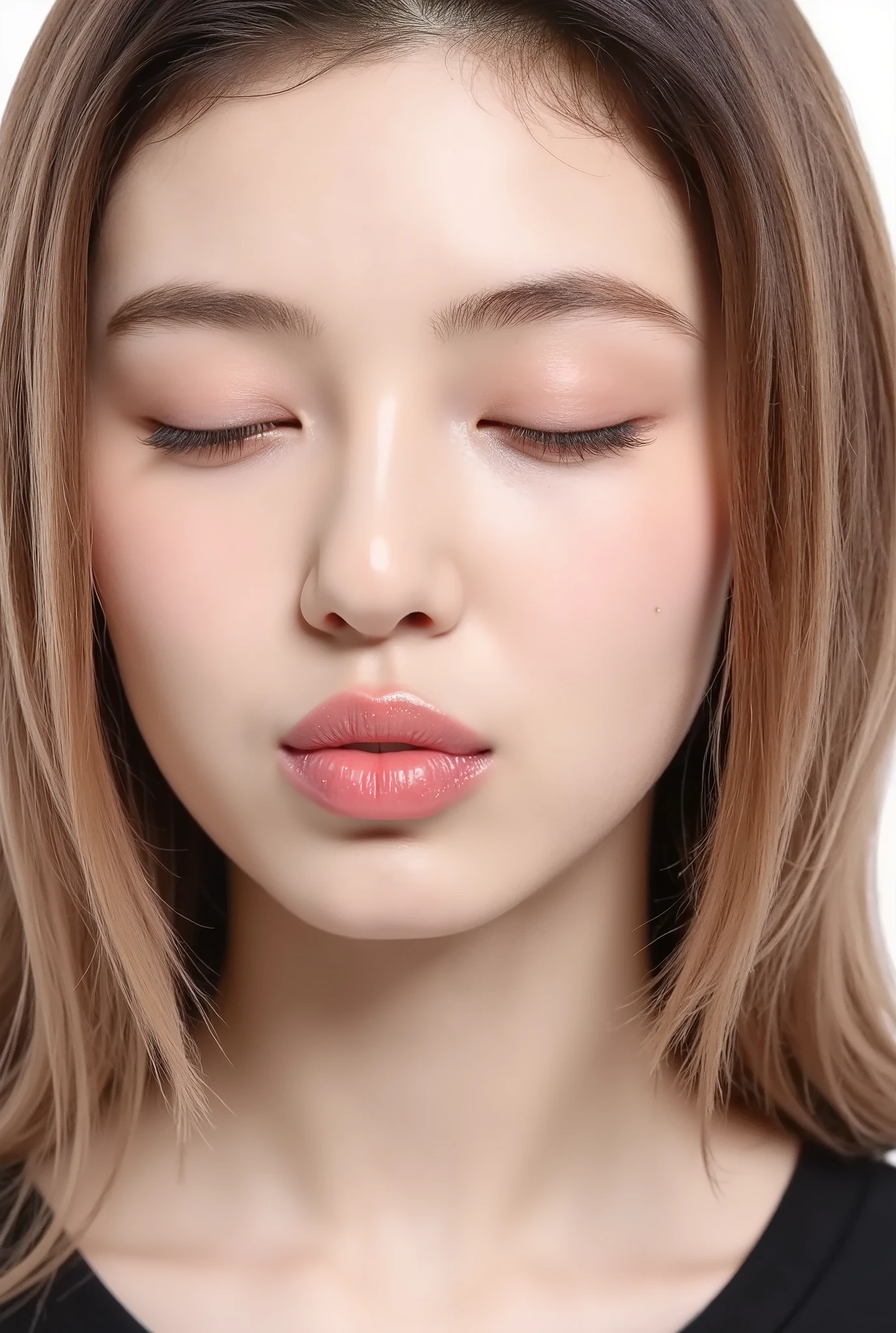 A beautiful young woman, close-up from collarbone up, looking ...