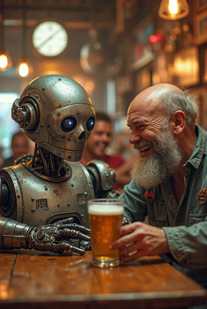 Robot Reborn and a bald man with a beard, Brinão beer at a bar and they ...