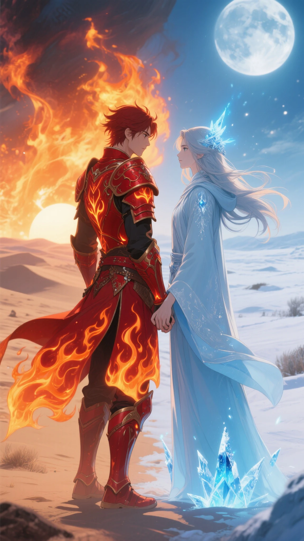 A passionate fire warrior and a calm ice mage standing back-to - SeaArt AI