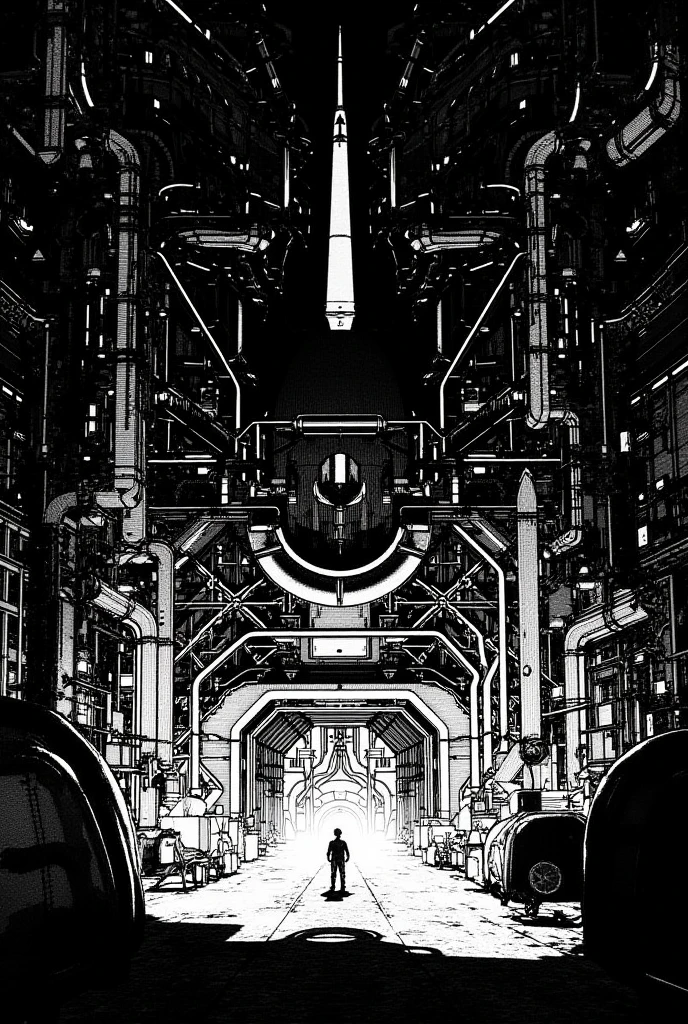 Inside huge factory, no humans, low lighting, future, black and white ...