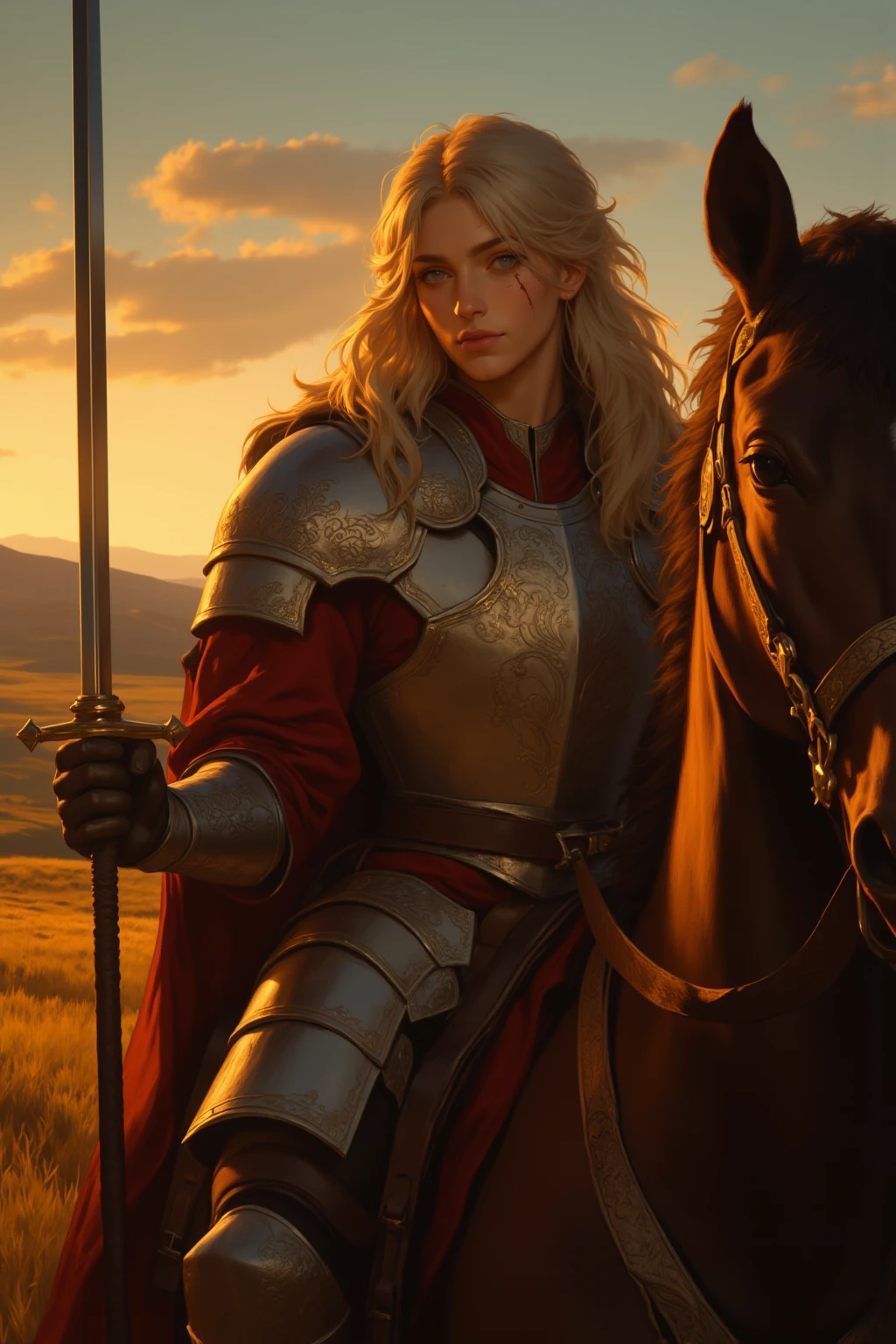 Female Knight, blonde, There is a scar on the left eye, riding on a horse in exq - SeaArt AI