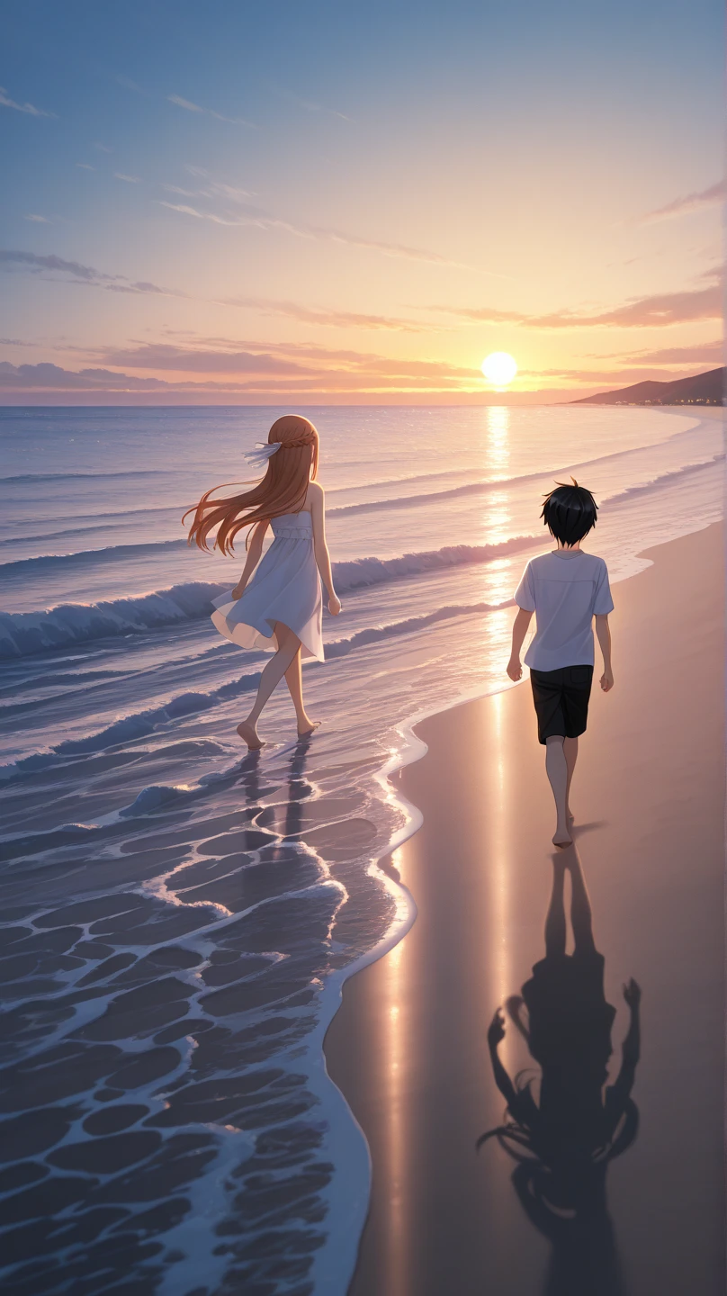 Kirito and Asuna watching, wearing light clothes walking on the beach ...