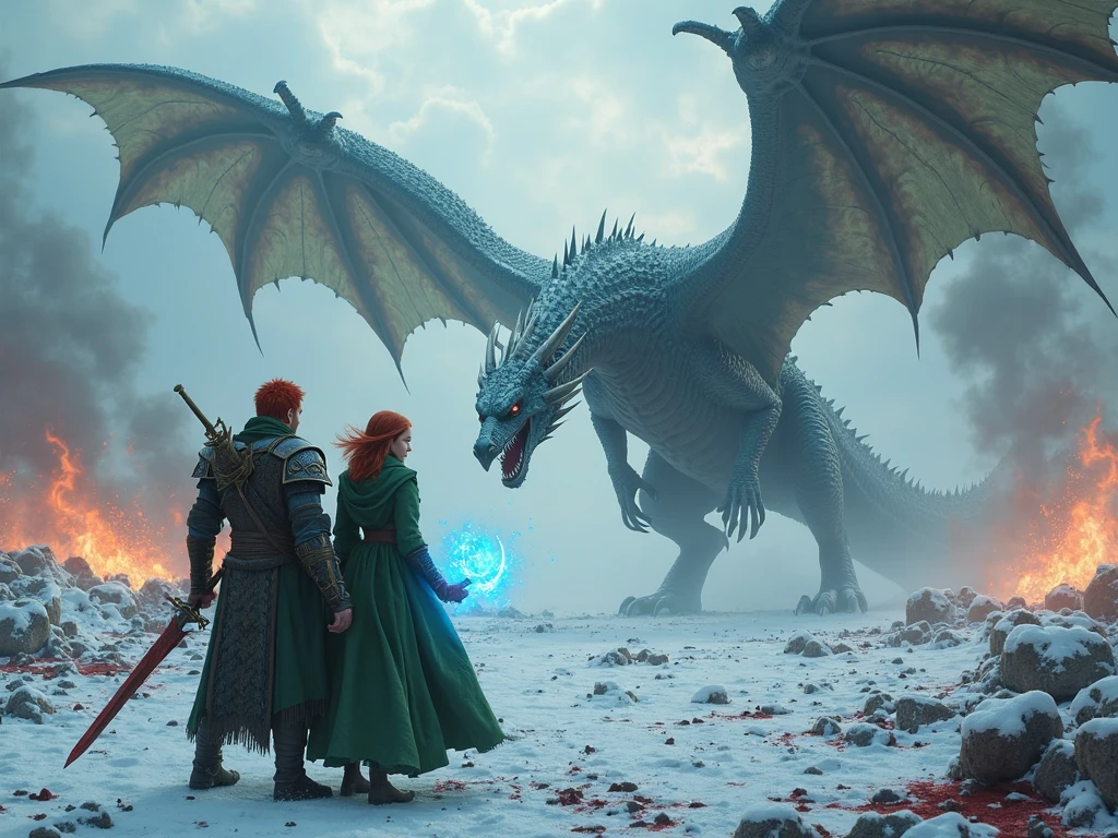 A 3D realistic dark fantasy scene on a snowy battlefield. A red - SeaArt AI