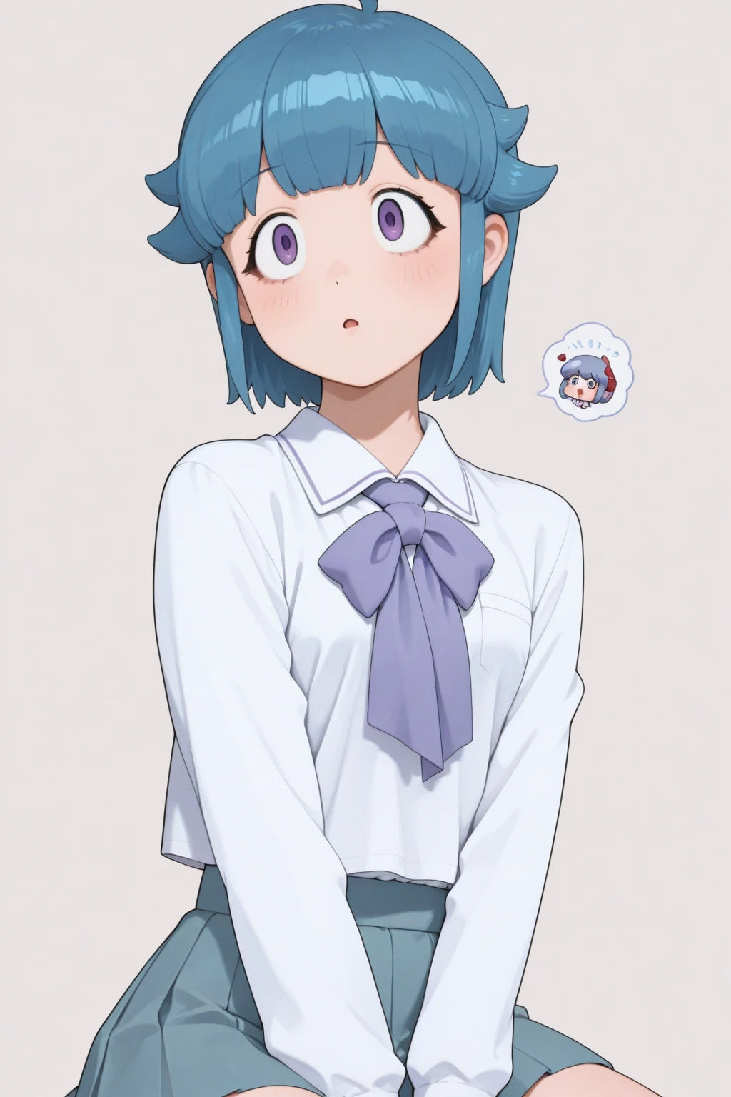 N1sh1z4w4M0m0k4, blue hair, short hair, purple eyes, 1girl,, droopy ...