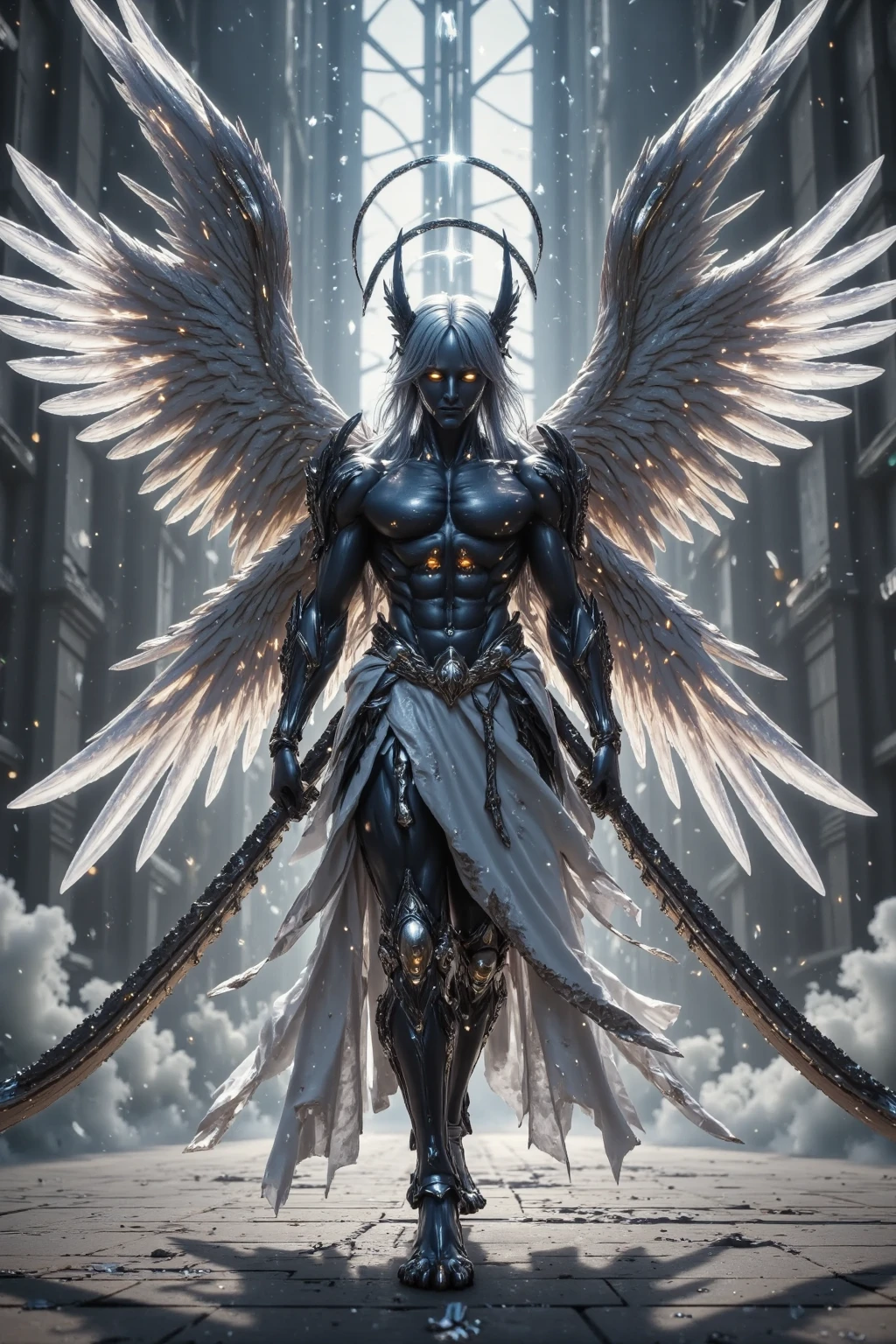 Male angel、Standing with wings closed、There is a halo above your head ...